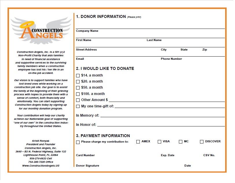 National Monthly Donation Form - Construction Angels